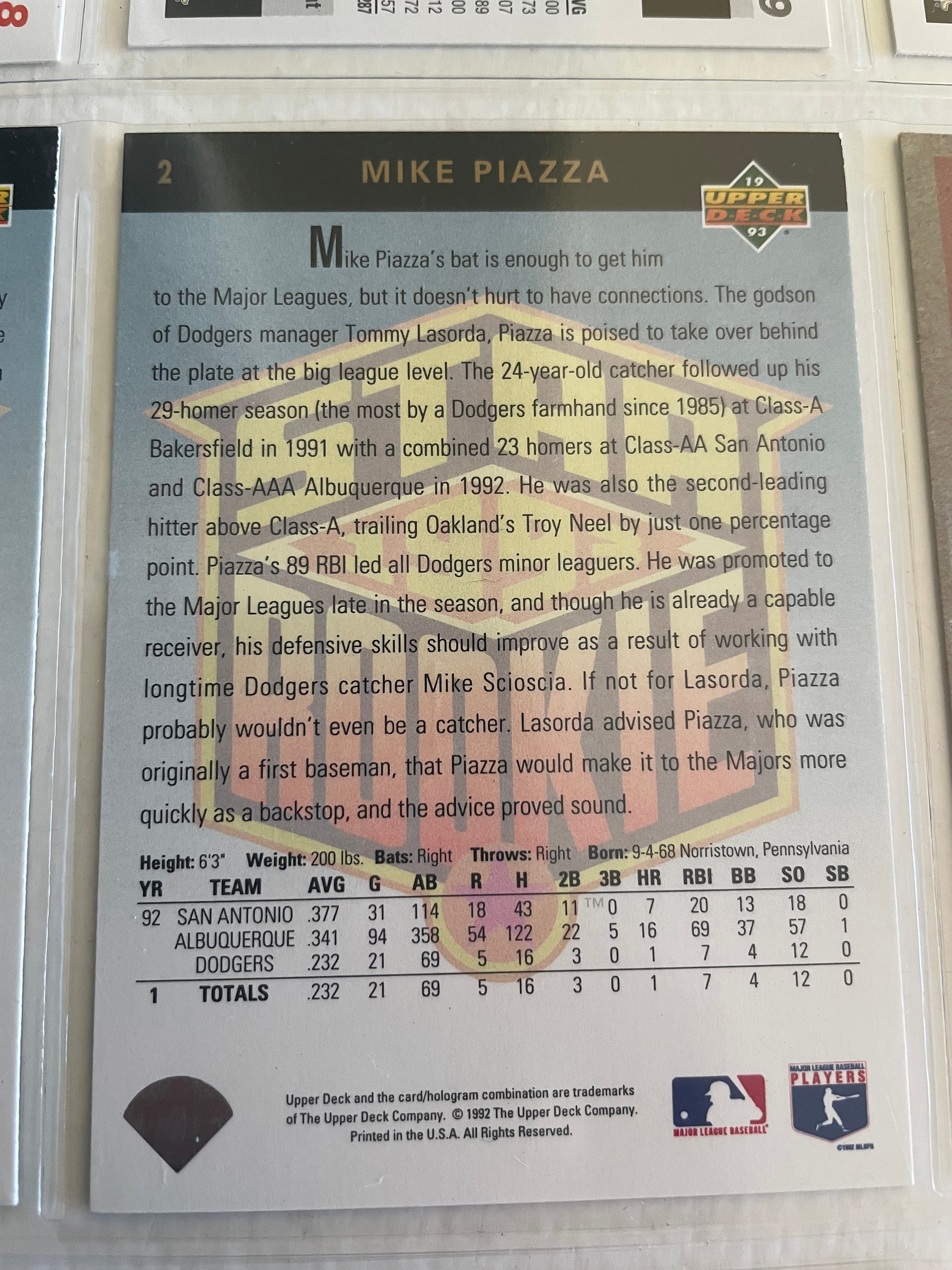 HOF Mike Piazza 1992 Upper Deck #2 Rookie Card in Mint Condition & HOF ...