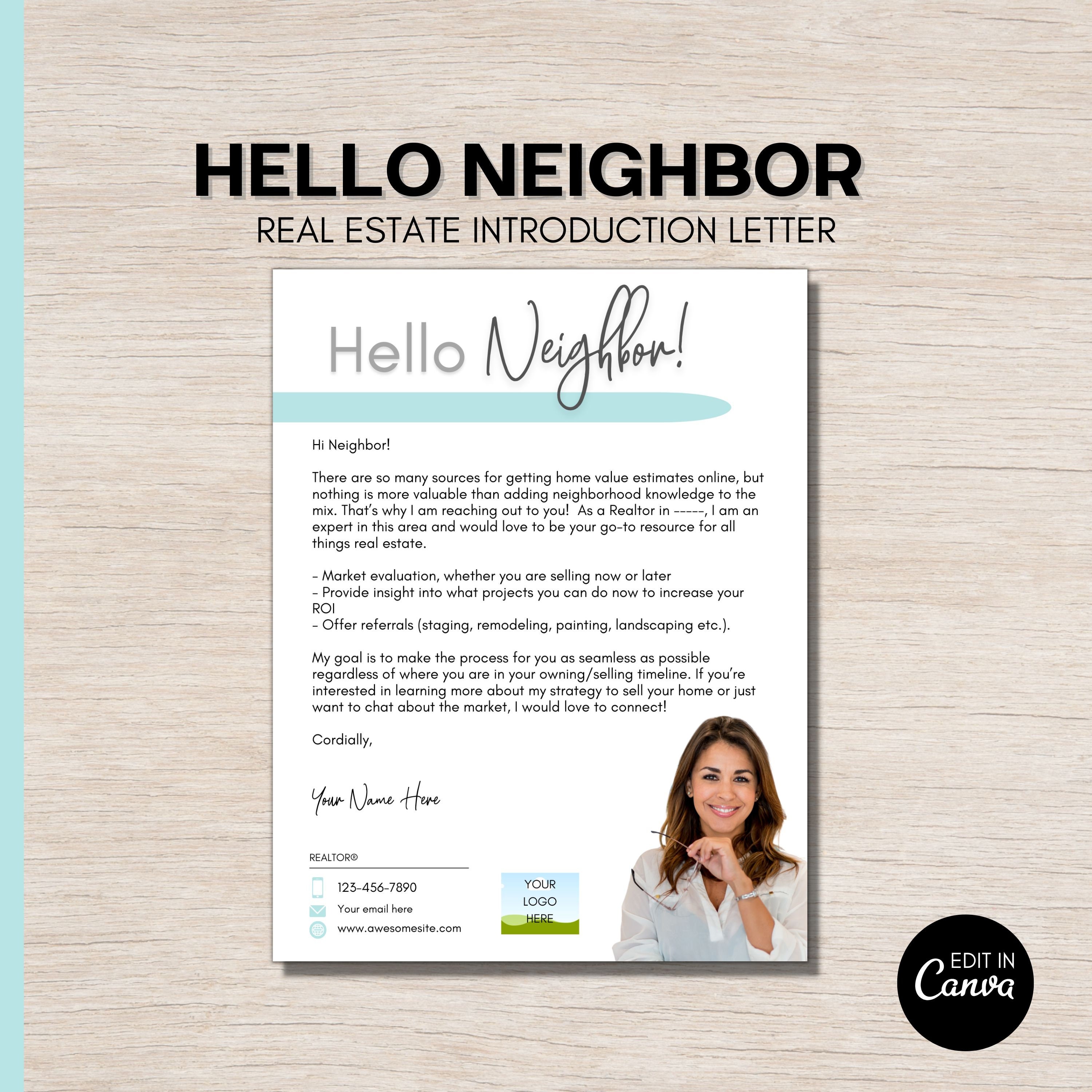 Hello Neighbor Introduction Letter for Realtors | Customizable Farming ...