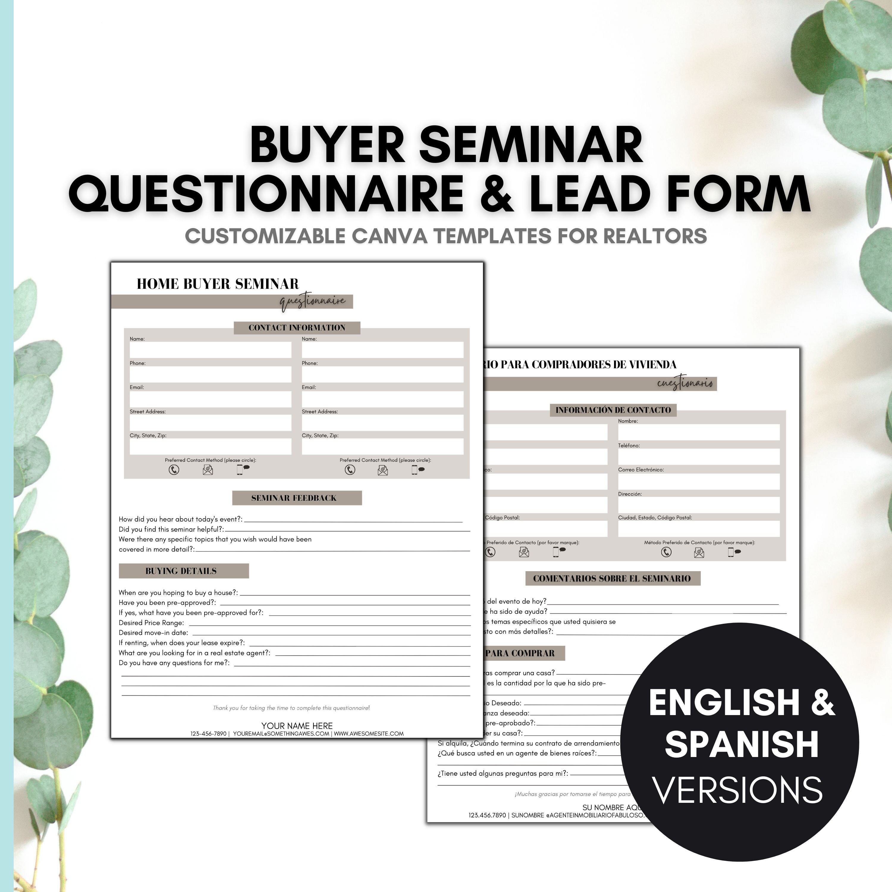 Homebuyer Seminar Questionnaire and Lead Form - English & Spanish ...