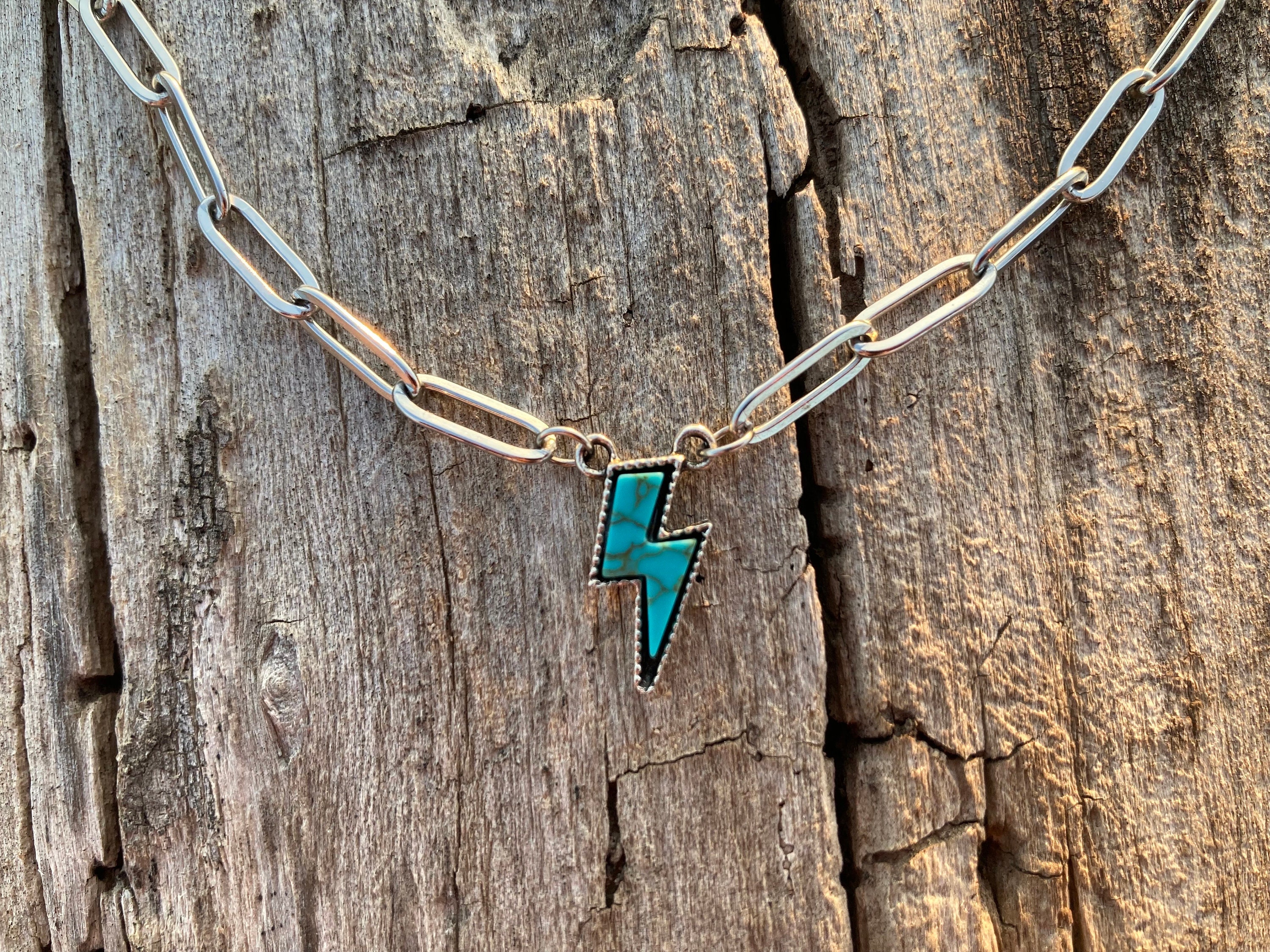 Western Turquoise Lightning Bolt Paper Clip Chain Necklace Talladega ...