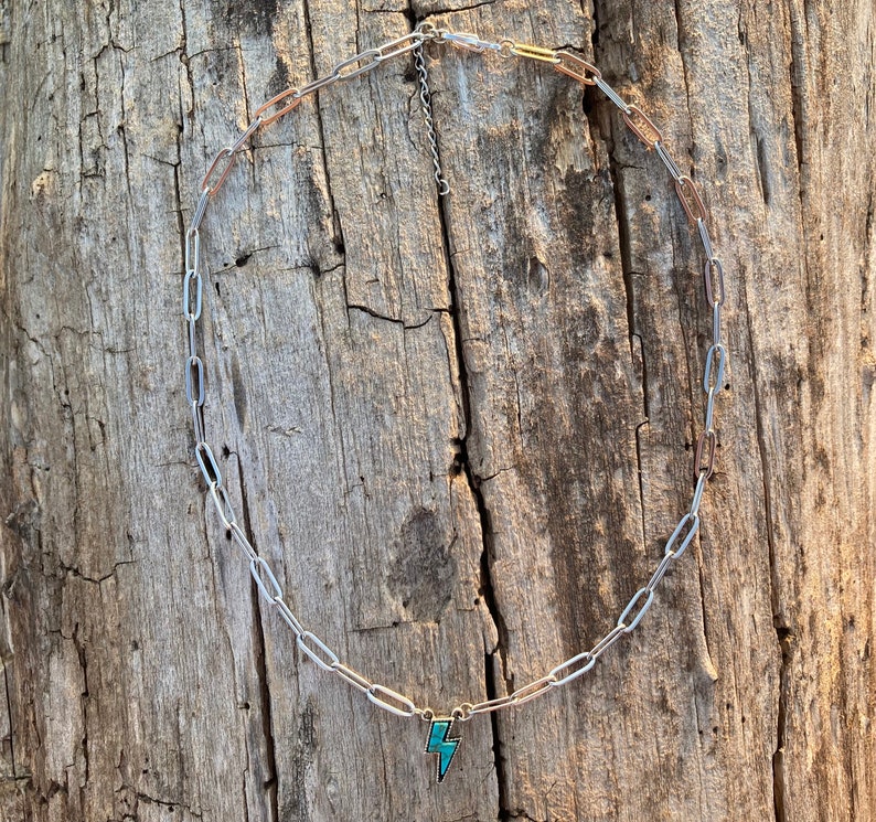 Western Turquoise Lightning Bolt Paper Clip Chain Necklace Talladega ...