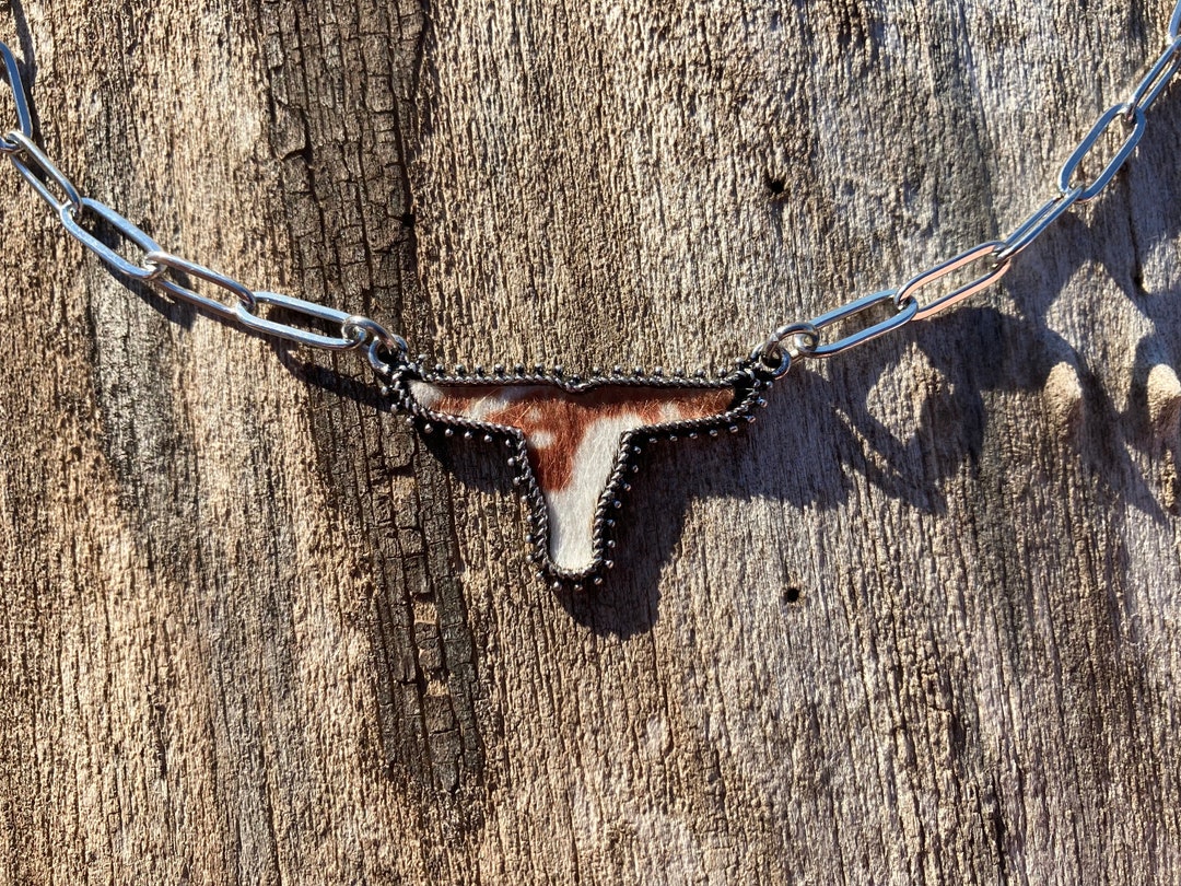Western Cow Print Steer Head Paper Clip Chain Necklace- Maverick (brown ...