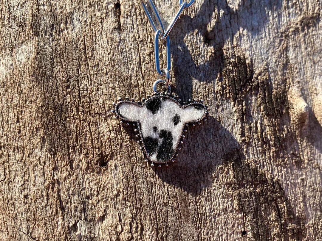 Western Black Cow Print Cow Head Paper Clip Chain Necklace- Open Range ...