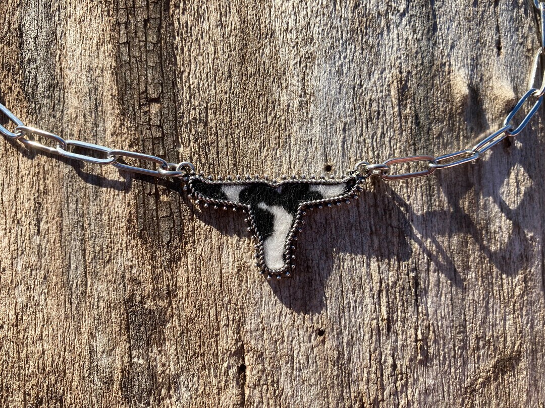 Western Cow Print Steer Head Paper Clip Chain Necklace- Maverick (black ...
