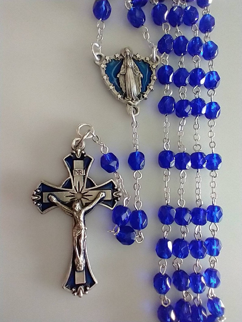 Catholic Rosary Blue Czech Crystal Glass Beads Blue Enamel Crucifix ...