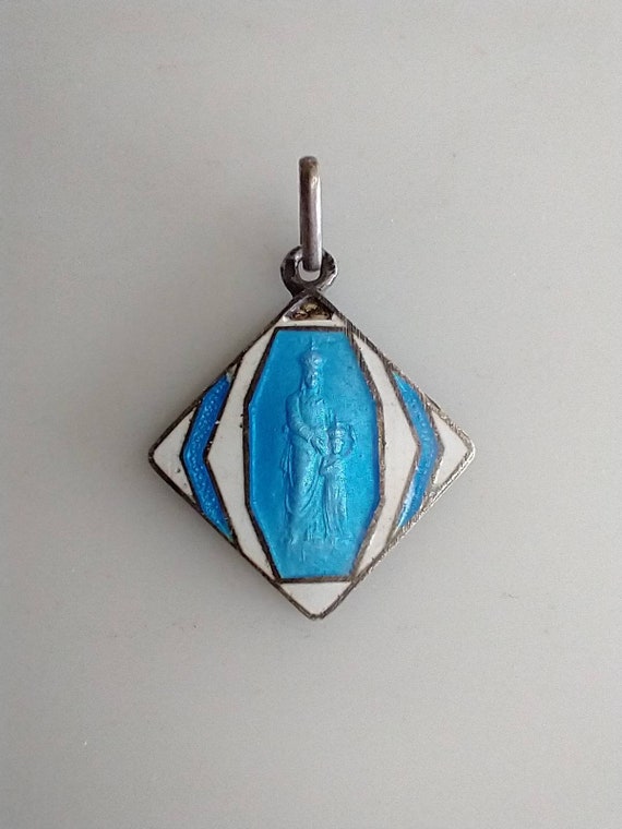vintage catholic medal blue - Gem