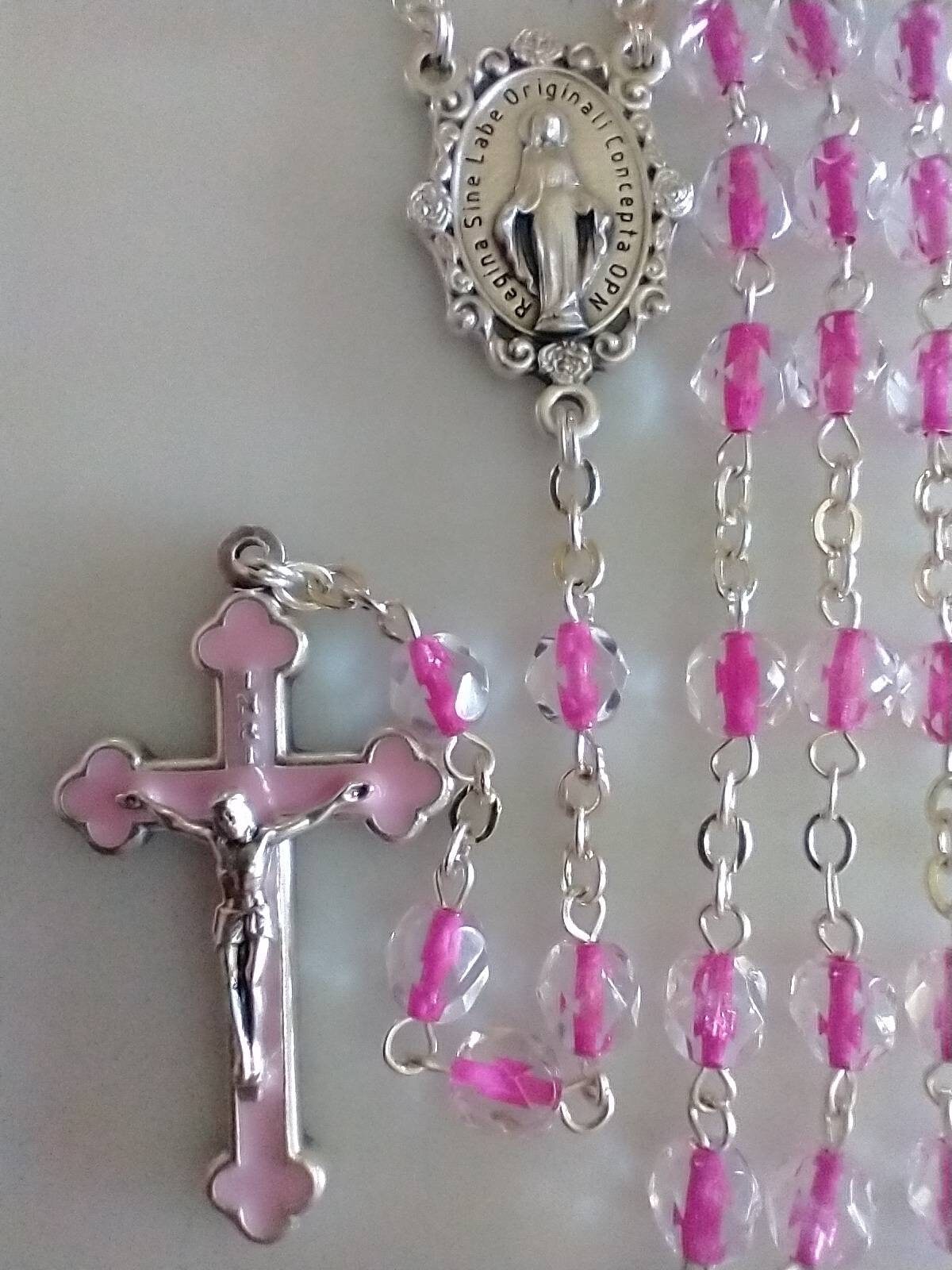 Catholic Rosary Pink Cylinder Crystal Glass Beads Pink Enamel Crucifix ...
