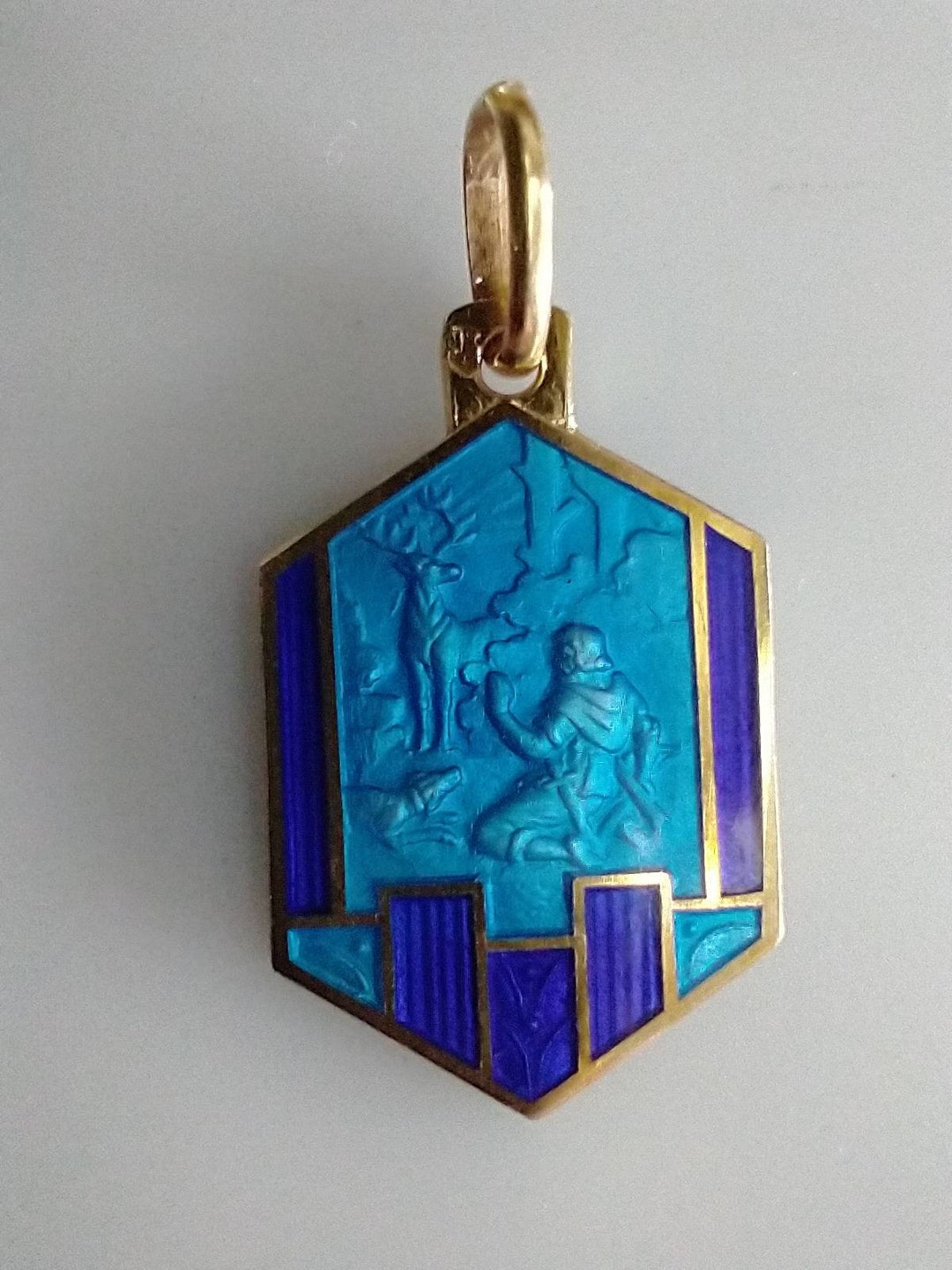 Vintage Catholic Blue Enamel St Hubert Religious Medal Art Deco Gold ...
