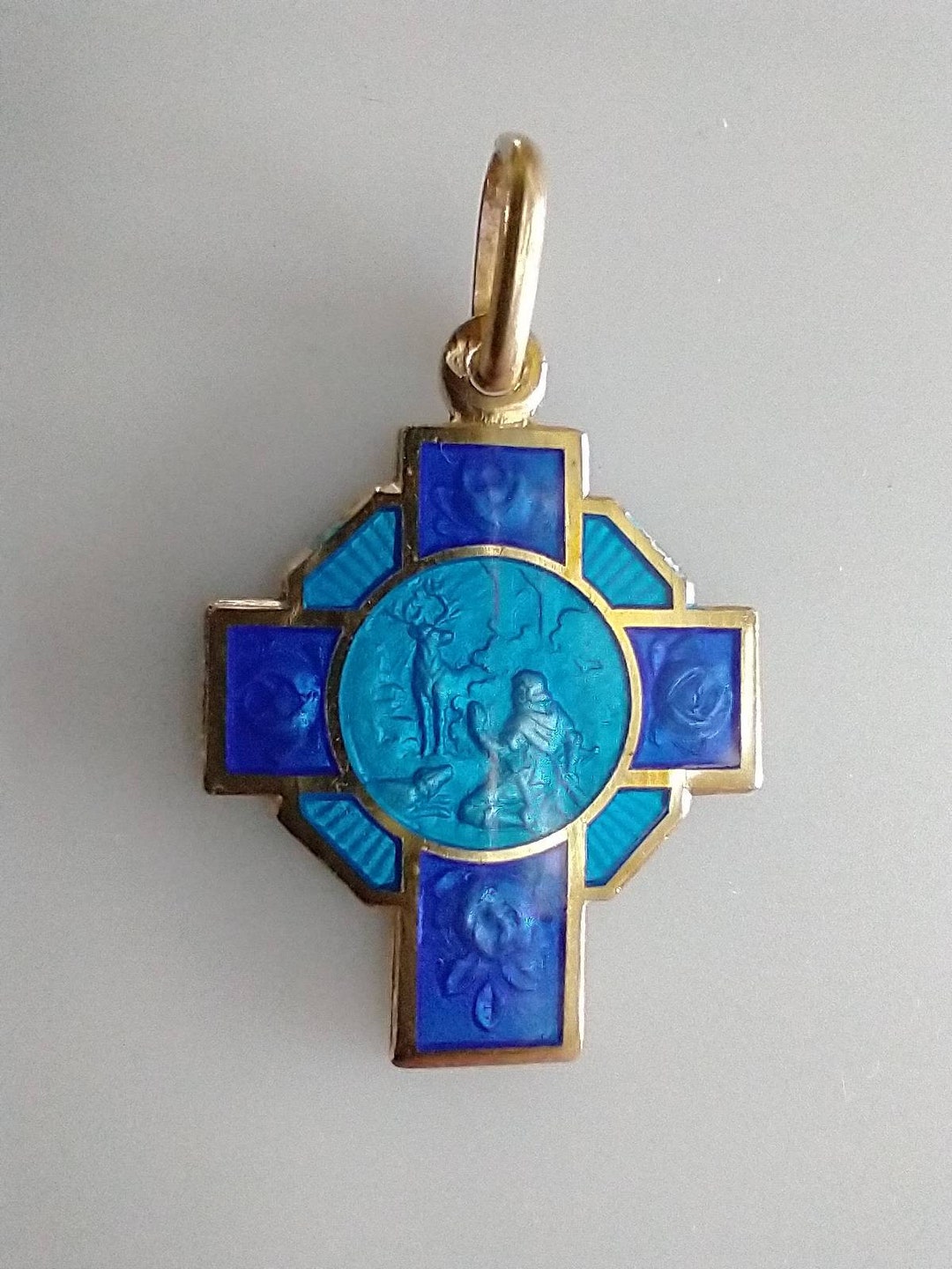 Vintage Catholic Blue Enamel St Hubert Cross Religious Medal Gold Tone ...
