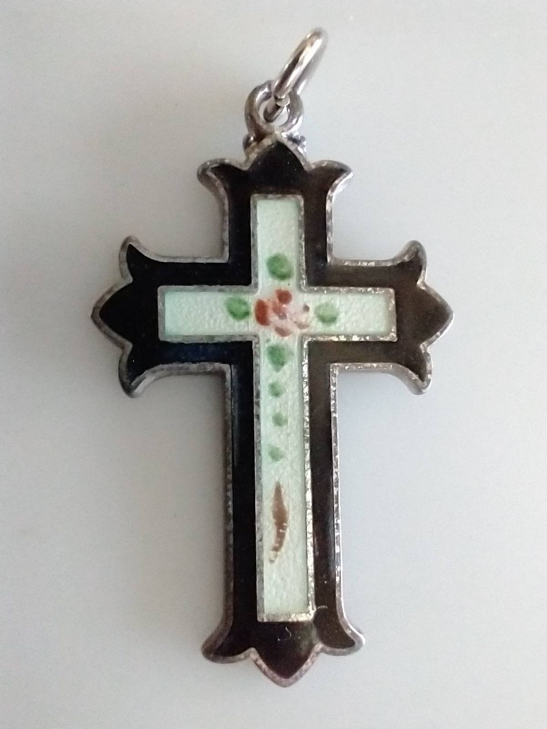 Vintage Creed Sterling Silver Floral Guilloche Enamel Cross Religious ...