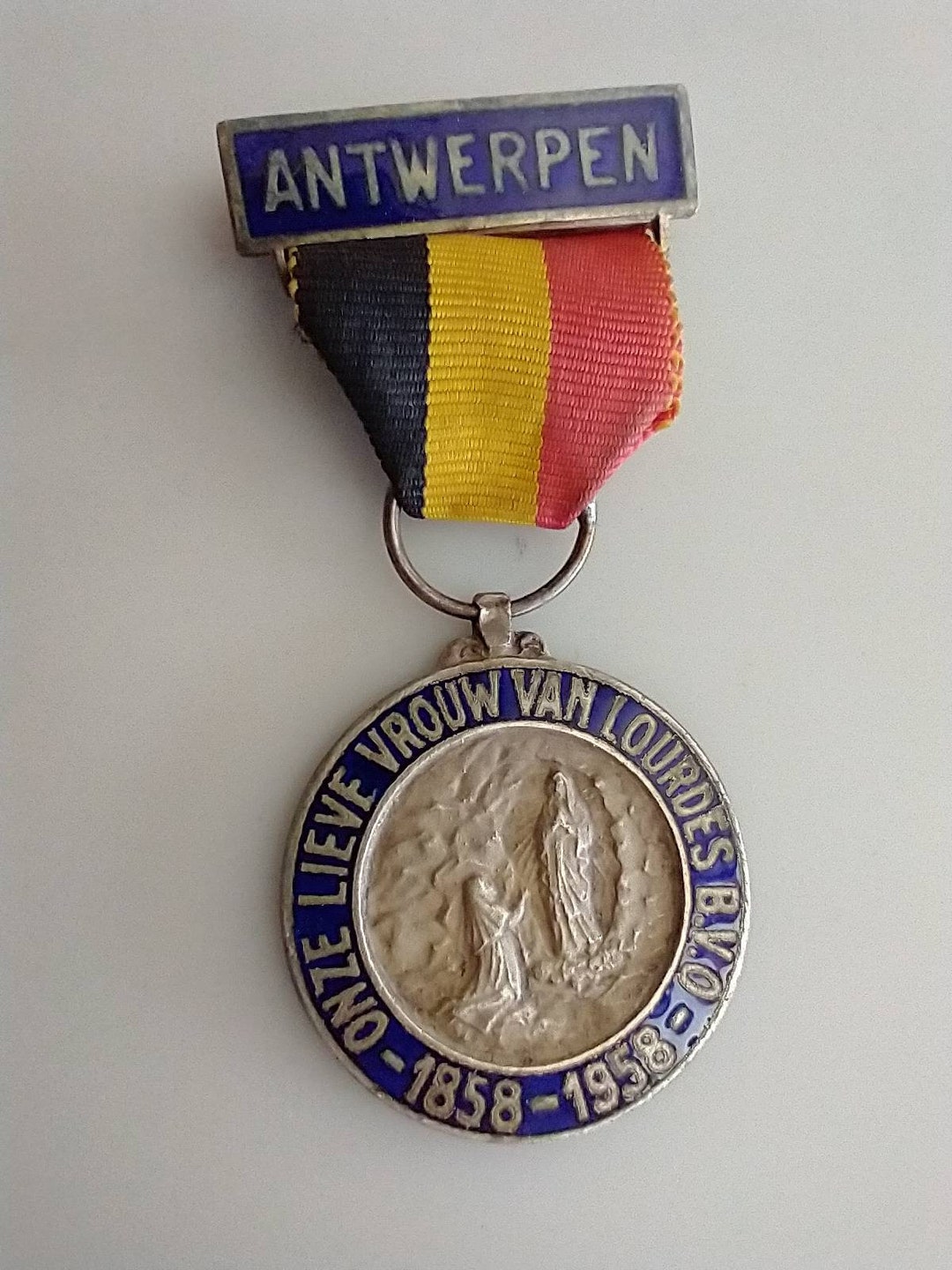 Vintage Catholic Blue Enamel Lourdes Religious Medal Antwerp Dutch ...