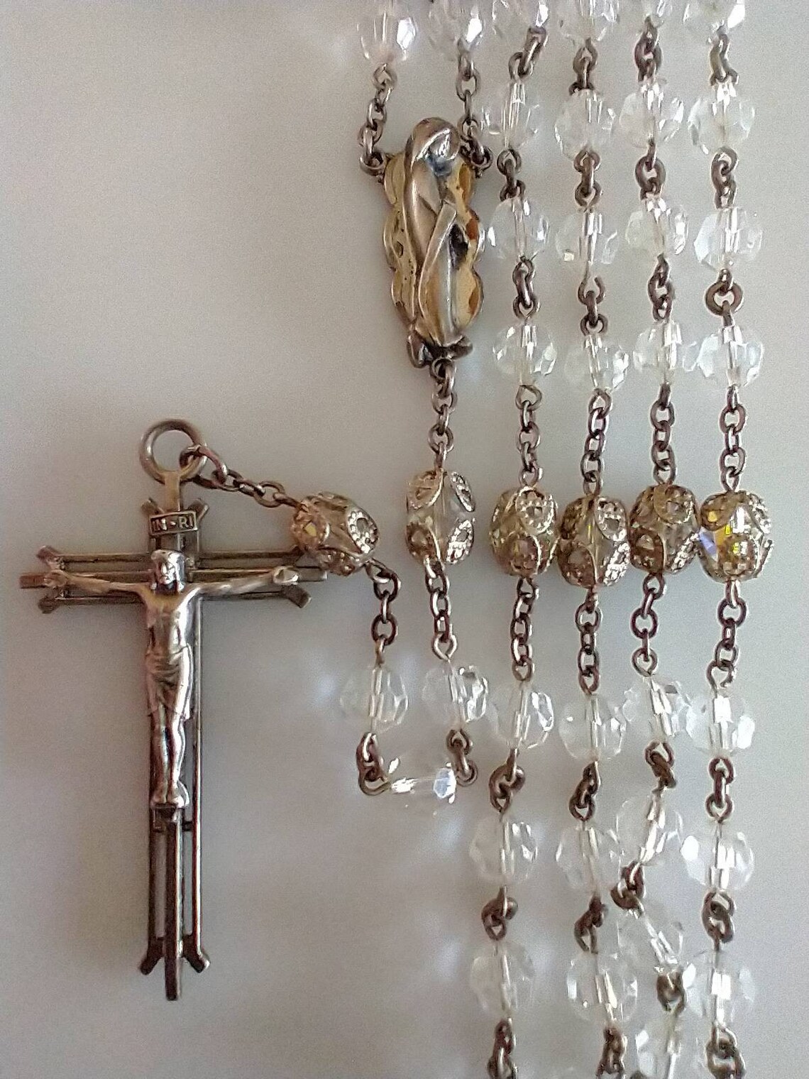 Vintage Catholic Creed Sterling Silver Rosary Glass Beads Capped Caged ...