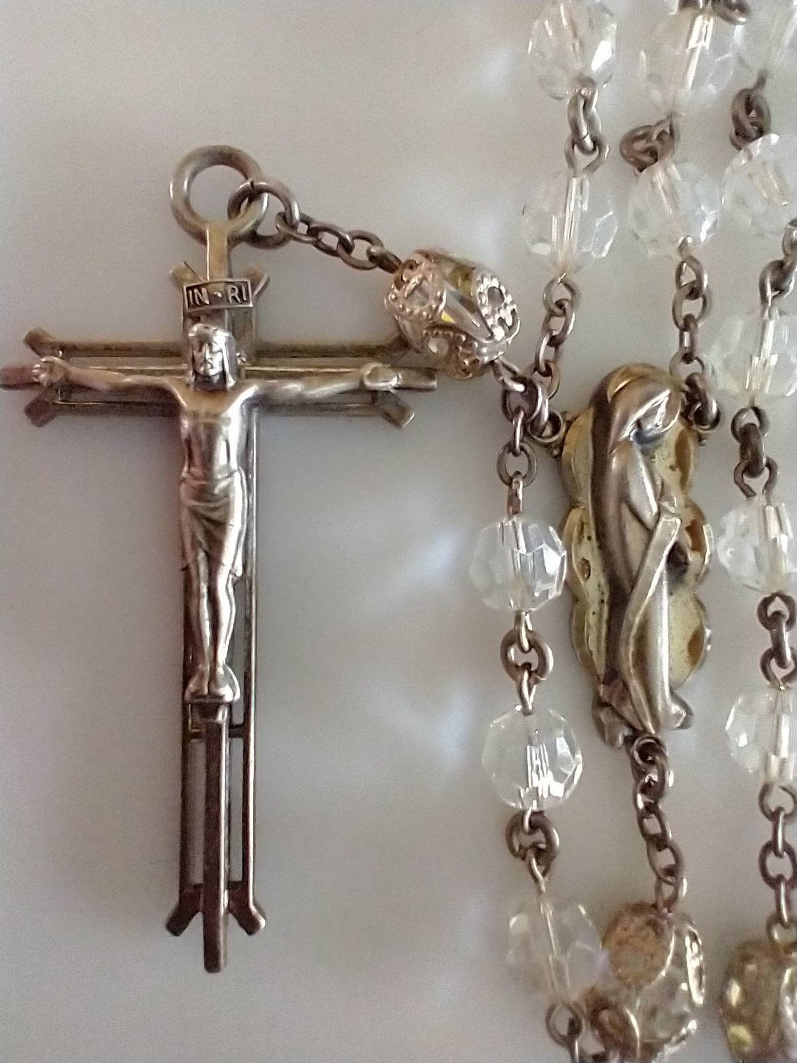 Vintage Catholic Creed Sterling Silver Rosary Glass Beads Capped Caged ...