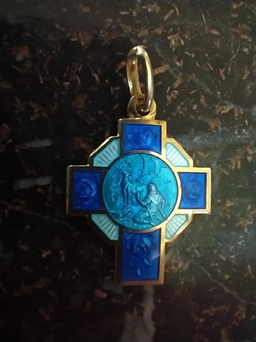 Vintage Catholic Blue Enamel St Hubert Cross Religious Medal Gold Tone ...
