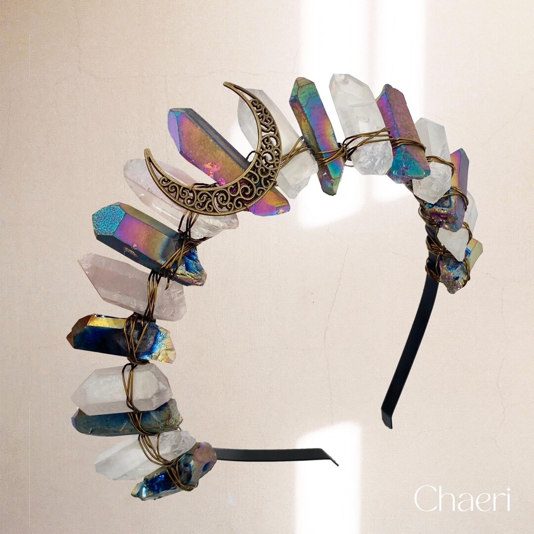 Dark Witch Crystal Aura Quartz Crown With Moon | Festival Renfaire ...