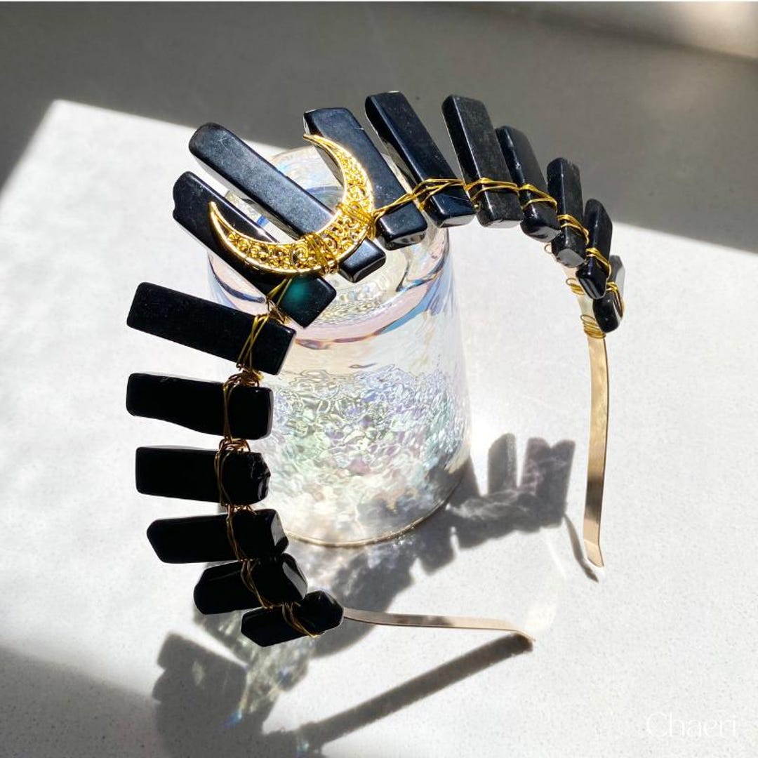 Gia | Black Obsidian Crystal Crown With Golden Moon Green Crystals ...