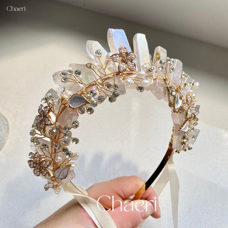 Serena | Aura Rose Quartz Crystal Crown With Charms, Aura Quartz ...