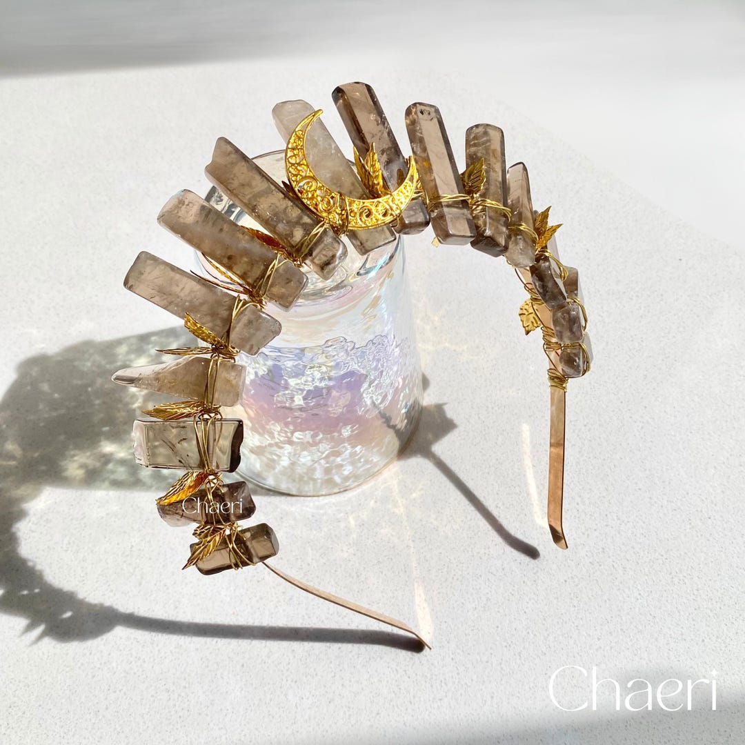 Smoky Quartz Crystal Crown With Golden Moon | Festival Tiara - Etsy