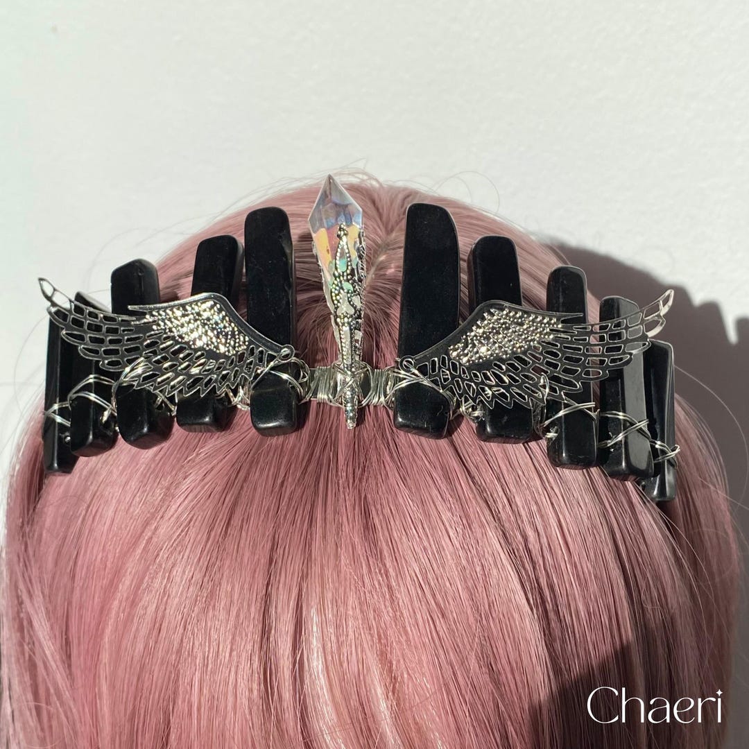 Klara | Black Obsidian Crystal Crown With Silver Wings, Festival, Bridal Crown, Renfaire ...