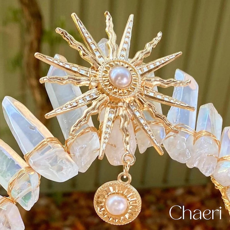 Amaterasu | Clear Crystal Quartz Crown With Golden Sun Charm, Wedding ...