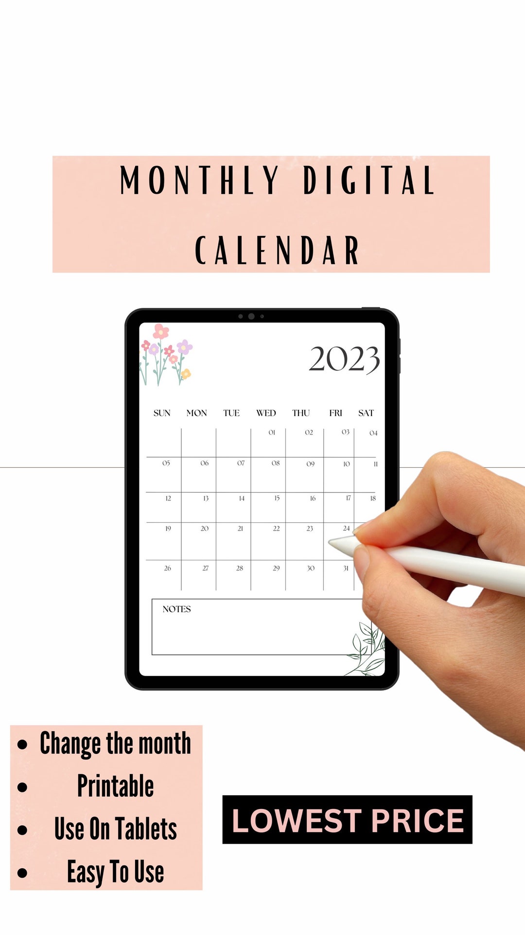 Digital Calendar, Monthly Calendar, Daily Planner, Digital Download ...