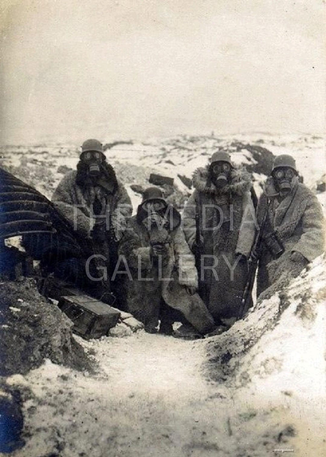 WW1 German Soldiers Photo Print – Gas Masks in Snow, Trench Warfare Art ...
