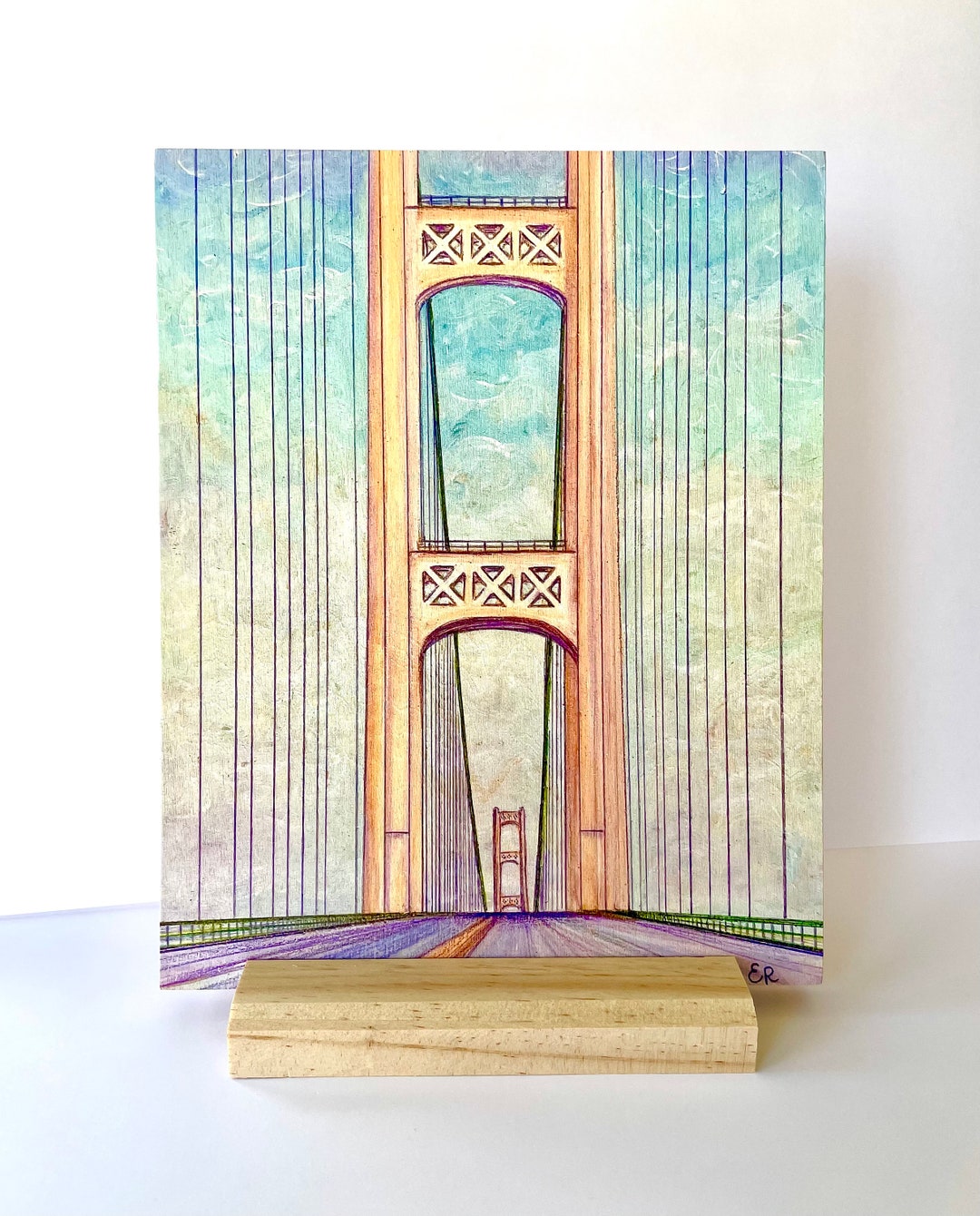 Mackinac Bridge Wood Print, 8 X 10" Hand Embellished Print of Erynn ...