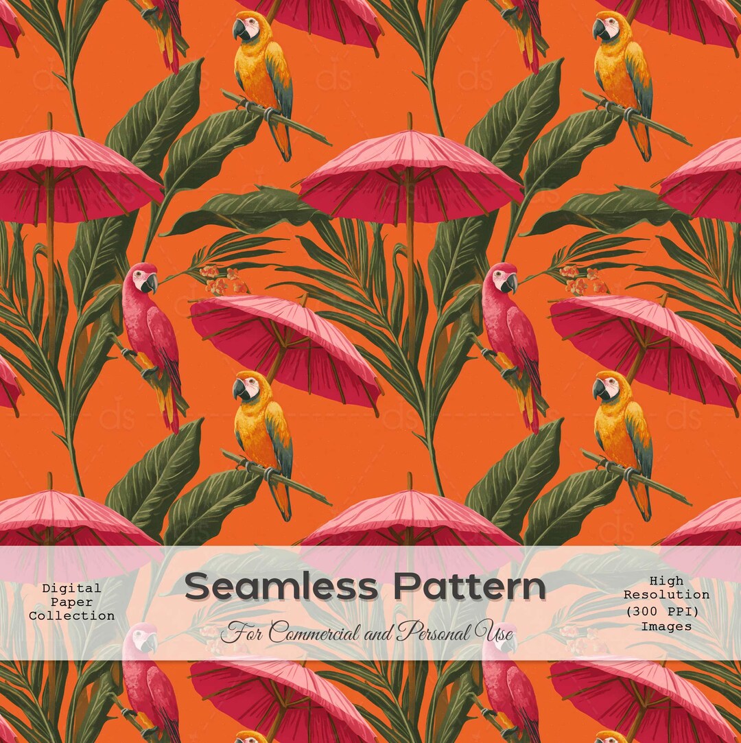 Tropical Parrot Seamless Pattern Digital Paper, Exotic Birds and Pink ...