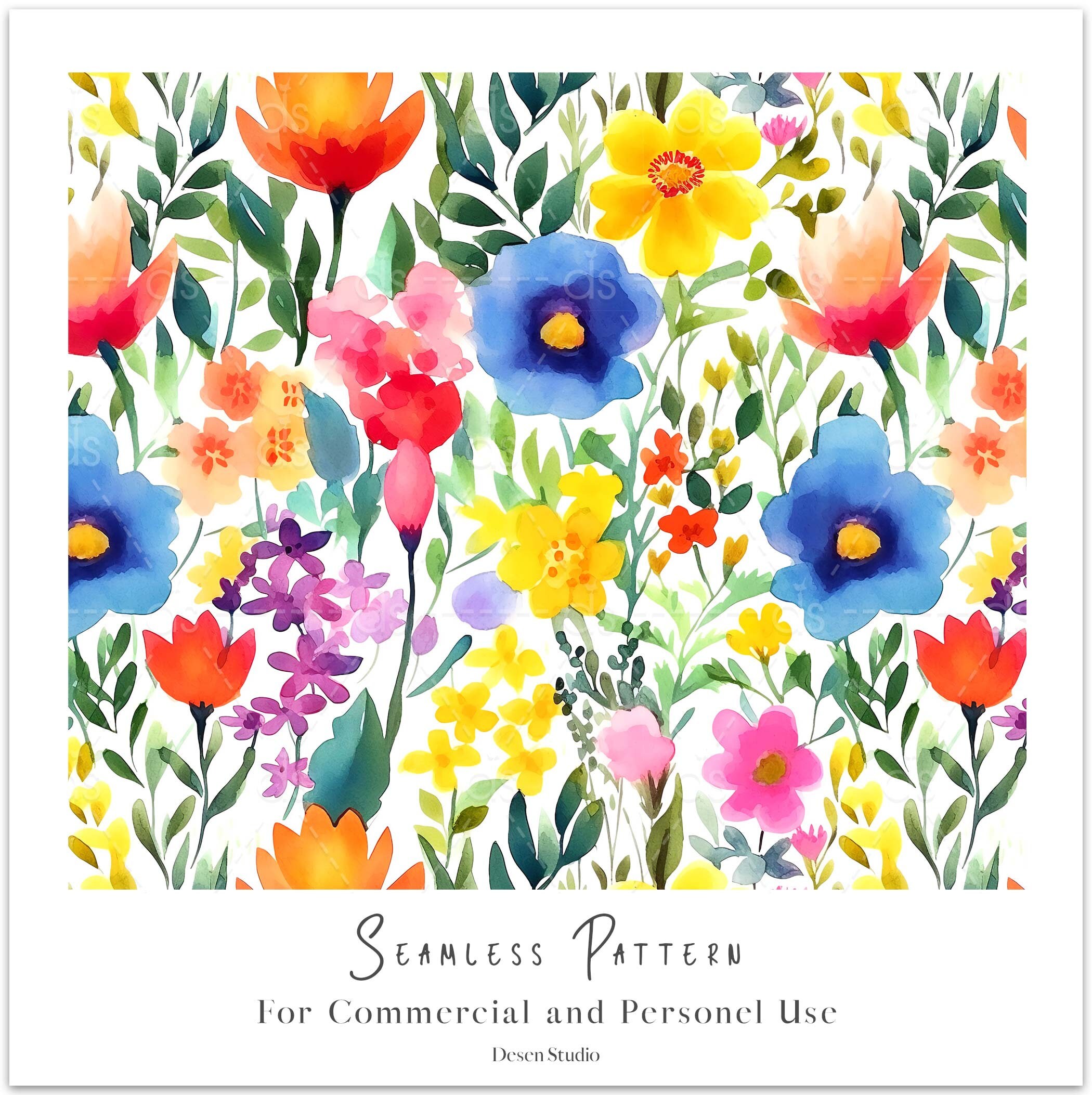 Watercolor Spring Flowers Seamless Pattern Digital Download Vibrant ...
