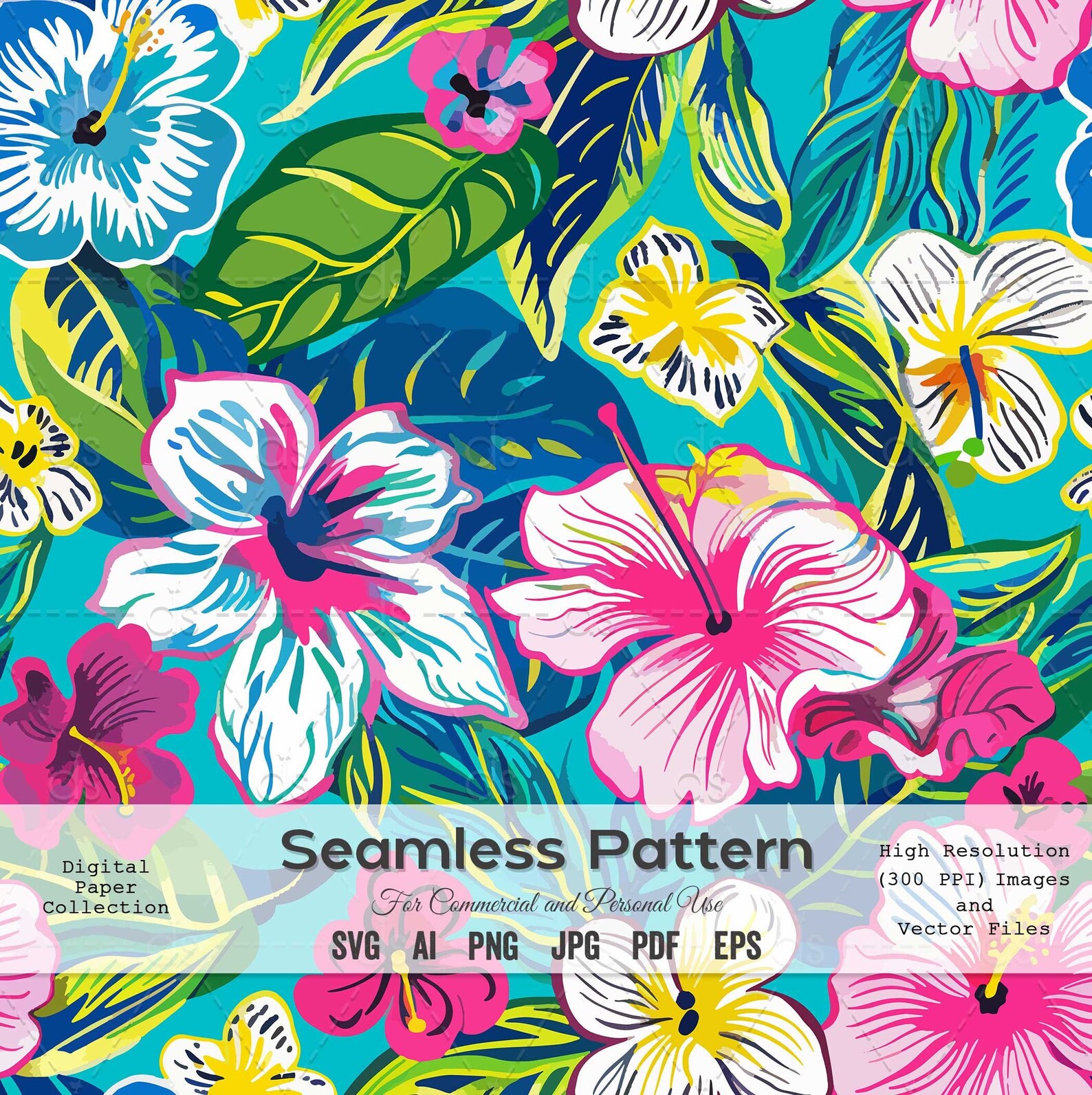 Tropical Floral Seamless Pattern, Hibiscus, Palm (svg, Png, Jpg, Pdf ...