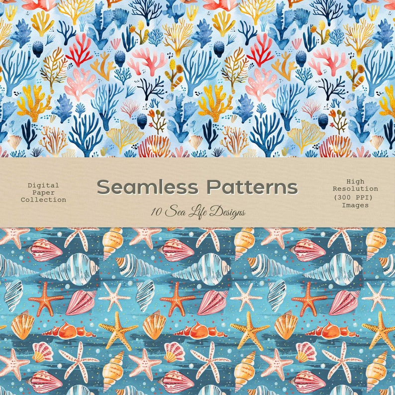 Sea Life Seamless Pattern Set, Underwater Pattern, Nautical Pattern, Ocean Pattern, Digital ...