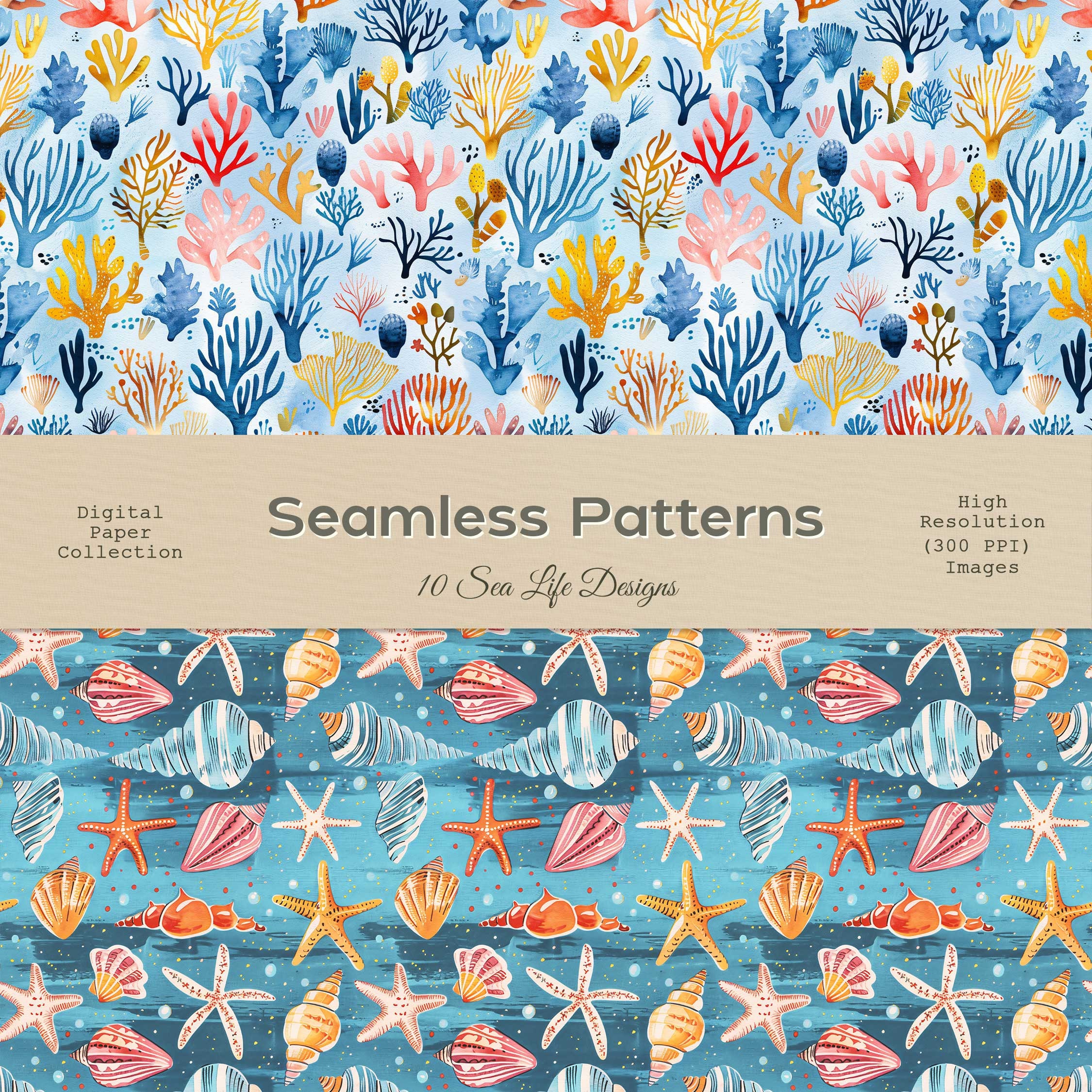 Sea Life Seamless Pattern Set, Underwater Pattern, Nautical Pattern, Ocean Pattern, Digital ...