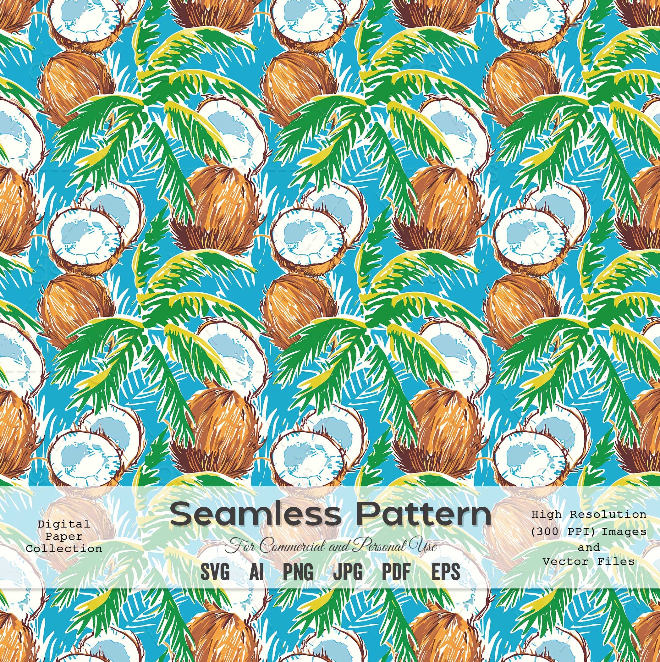 Coconut Palm Seamless Pattern, Tropical Digital Paper (SVG, PNG, JPG ...