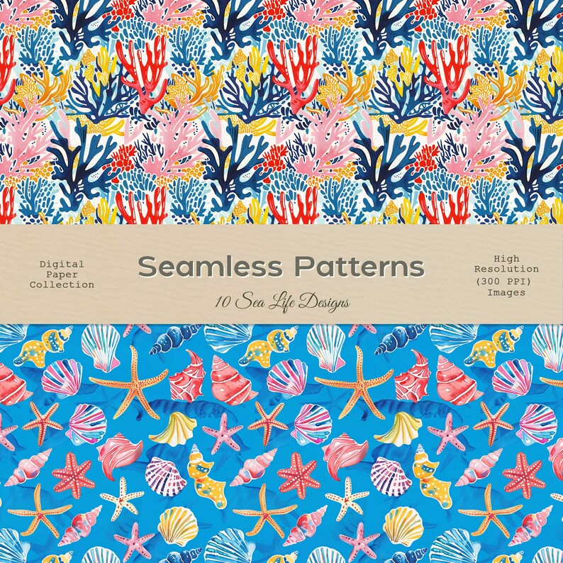 Sea Life Seamless Pattern Set, Underwater Pattern, Nautical Pattern ...