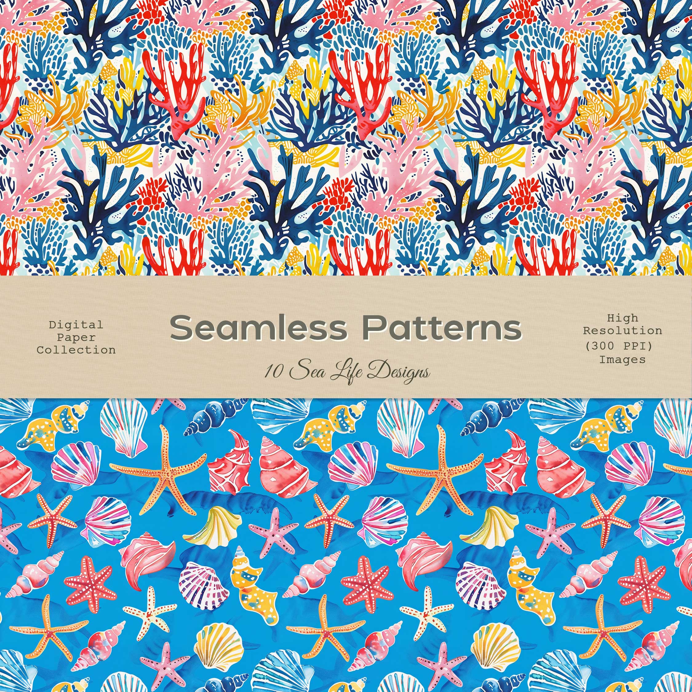 Sea Life Seamless Pattern Set, Underwater Pattern, Nautical Pattern, Ocean Pattern, Digital ...