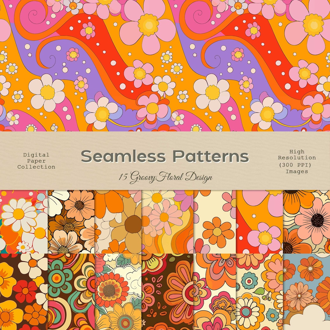 Retro Groovy Floral Pattern Set, Vintage Flowers, Digital Patterns ...