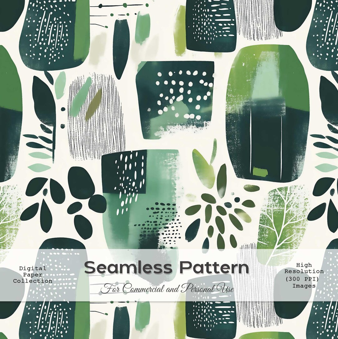 Abstract Green Organic Shapes Seamless Pattern, 300 DPI Digital Paper ...