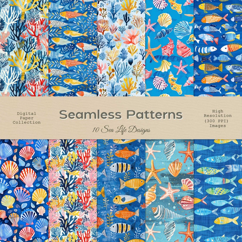 Sea Life Seamless Pattern Set, Underwater Pattern, Nautical Pattern ...