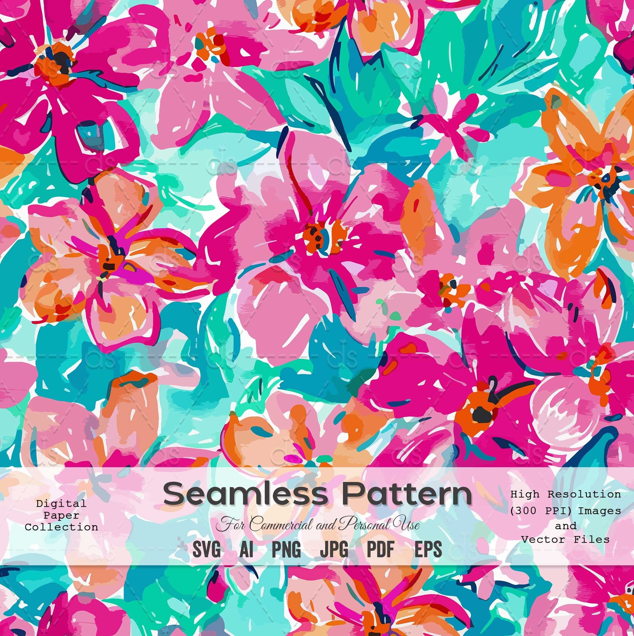 Seamless Pattern Vibrant Pink Turquoise Flowers, Floral Digital Paper ...