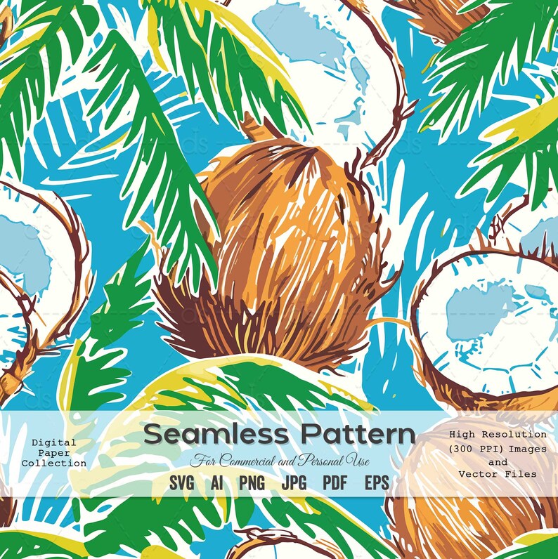 Coconut Palm Seamless Pattern, Tropical Digital Paper (SVG, PNG, JPG ...