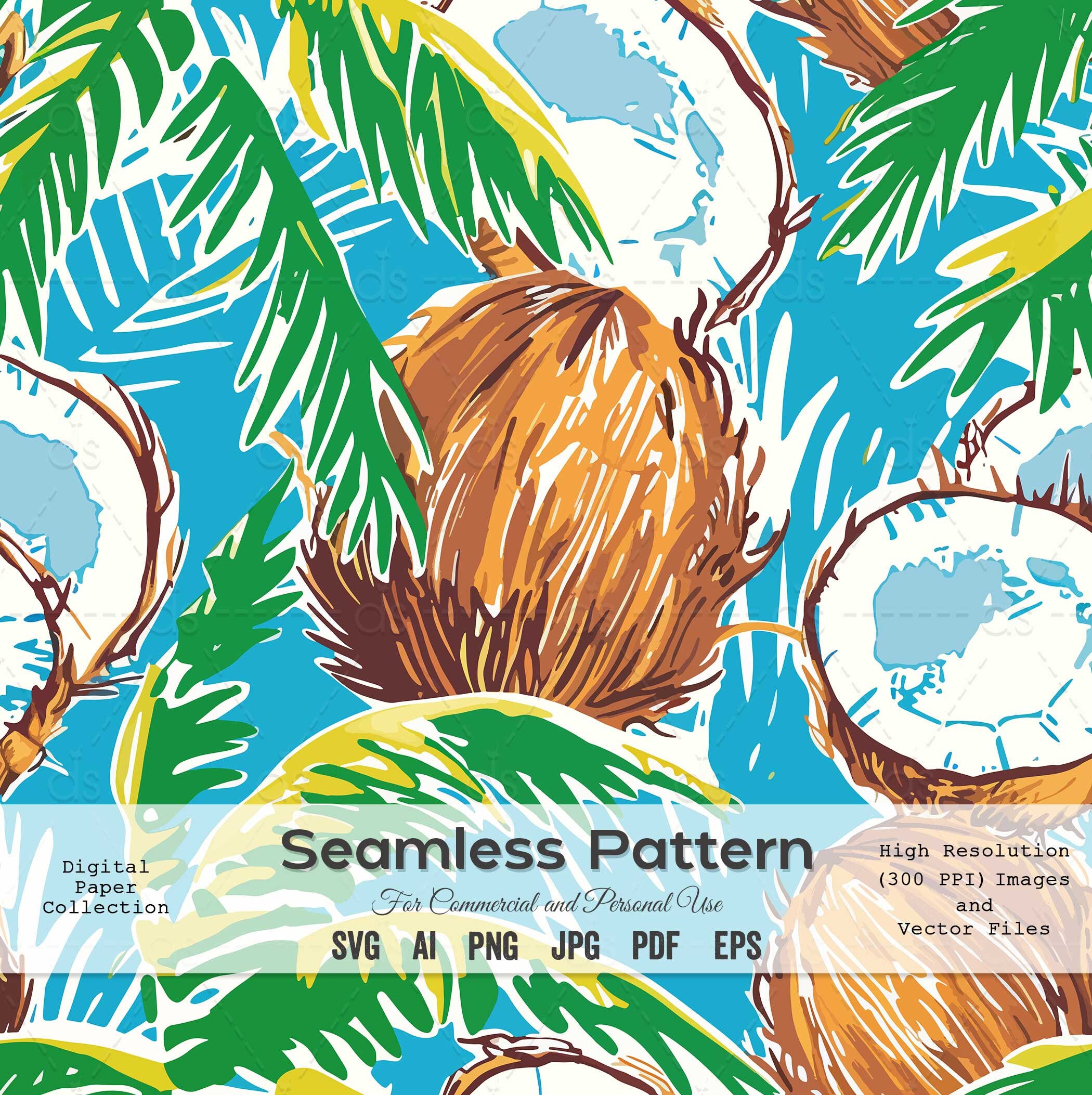 Coconut Palm Seamless Pattern, Tropical Digital Paper (SVG, PNG, JPG ...