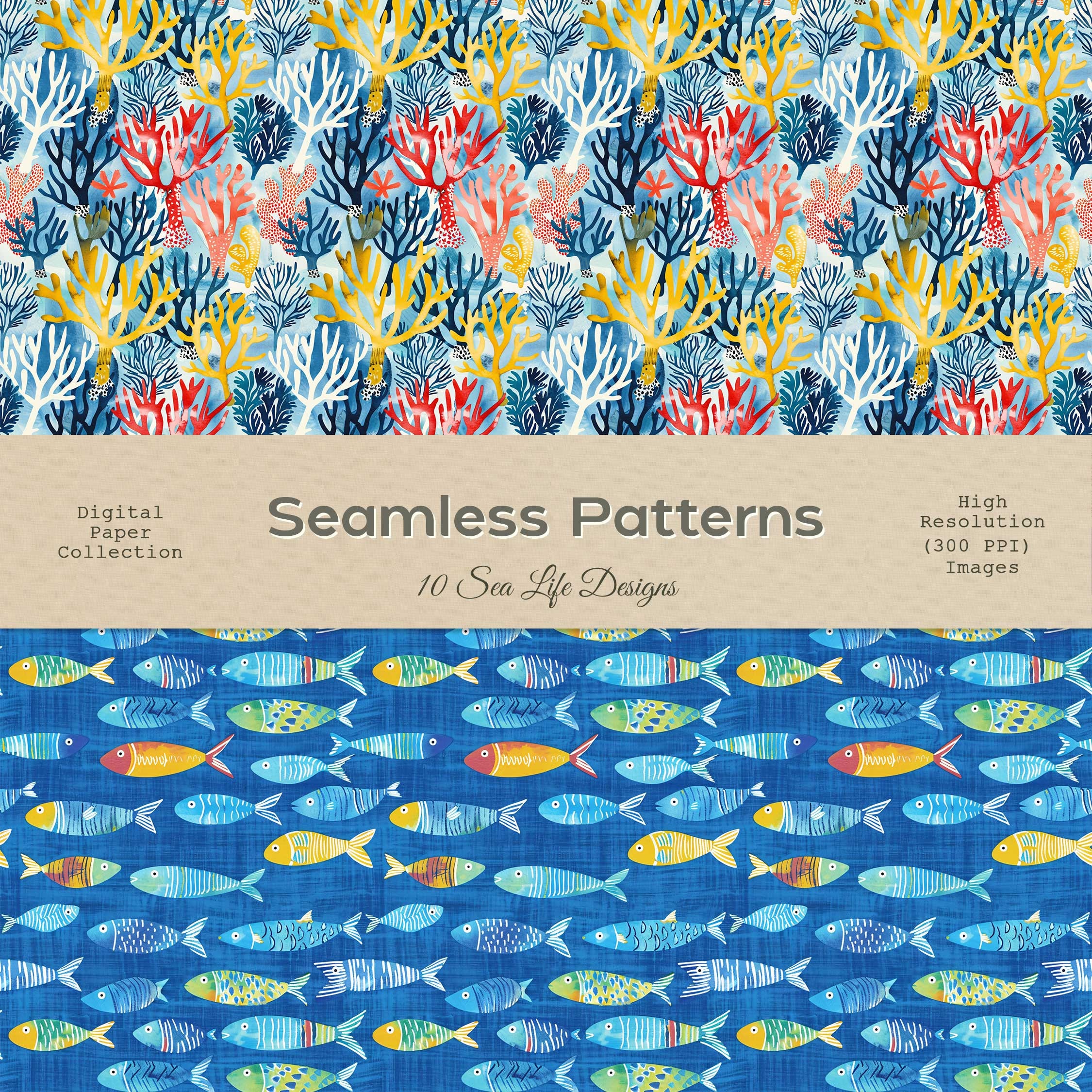 Sea Life Seamless Pattern Set, Underwater Pattern, Nautical Pattern ...