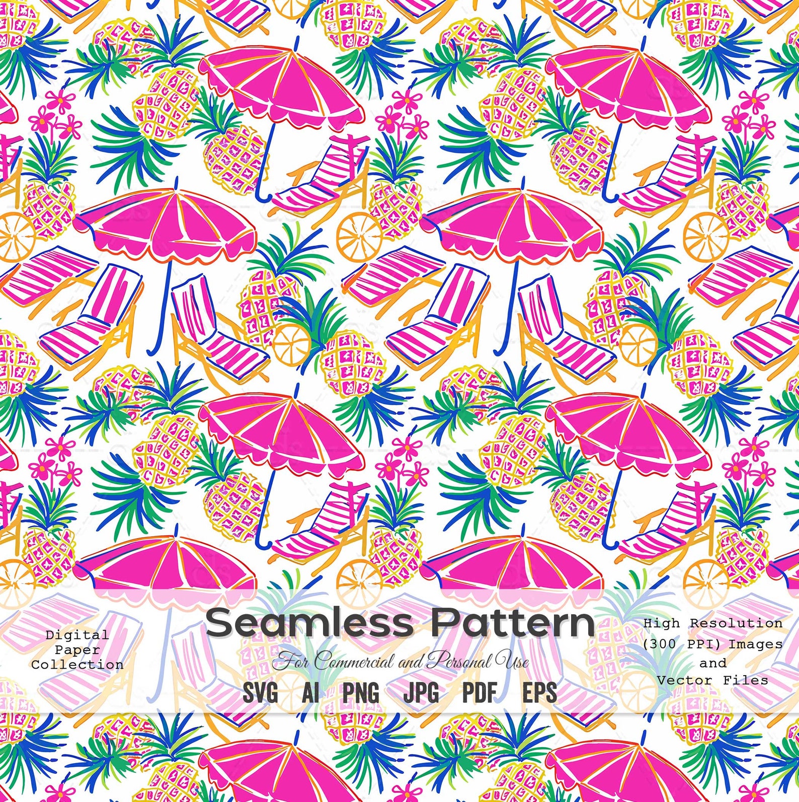 Tropical Beach Umbrella and Pineapple Seamless Pattern, SVG, PNG, JPG ...
