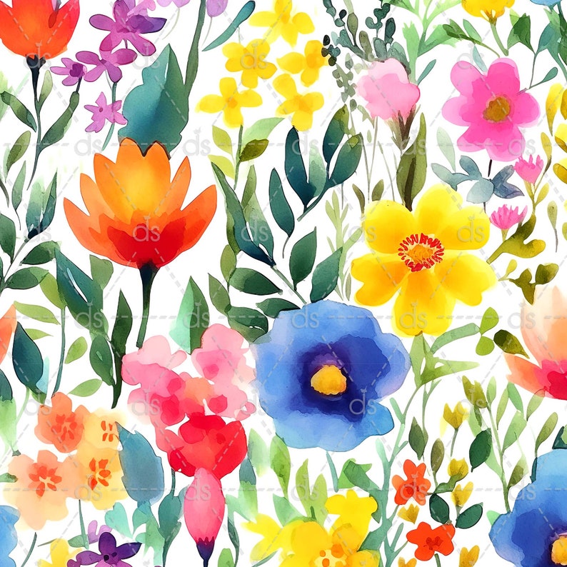 Watercolor Spring Flowers Seamless Pattern Digital Download Vibrant ...