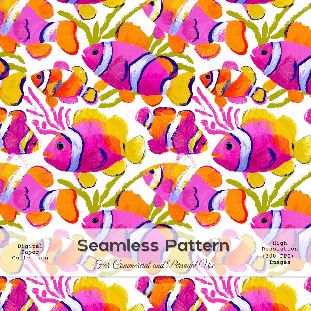 Tropical Clownfish Seamless Pattern - Bright Hand Painted Fish Digital ...