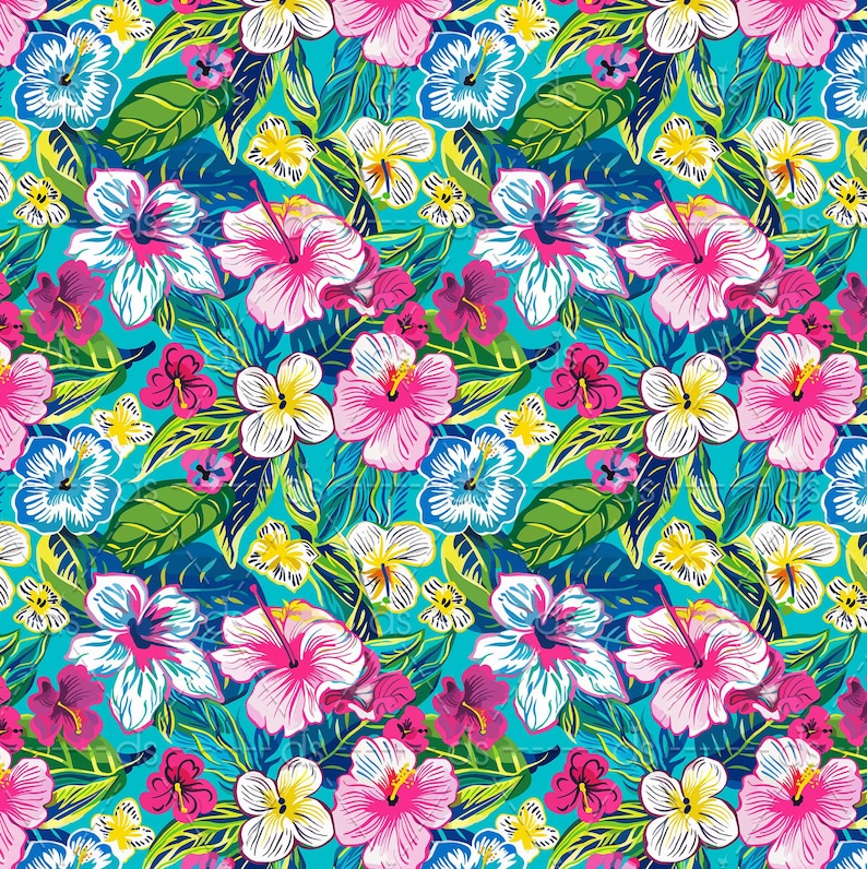 Tropical Floral Seamless Pattern, Hibiscus, Palm (svg, Png, Jpg, Pdf ...