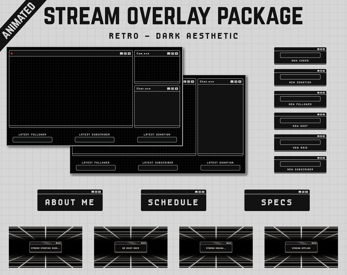 Animated Dark Twitch Overlay Package Minimal Retro 8-bit | Etsy
