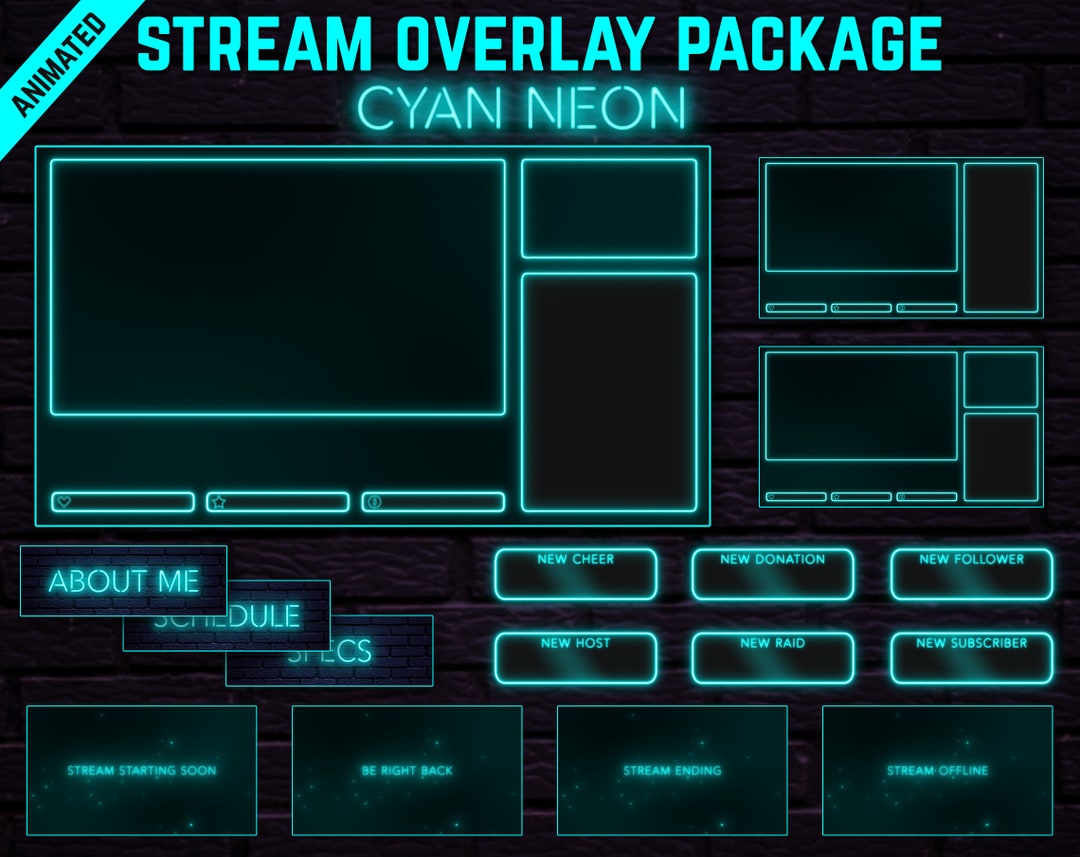 Cyan Neon Twitch Overlay Package - Minimal Cyan Color Neon Twitch Theme ...