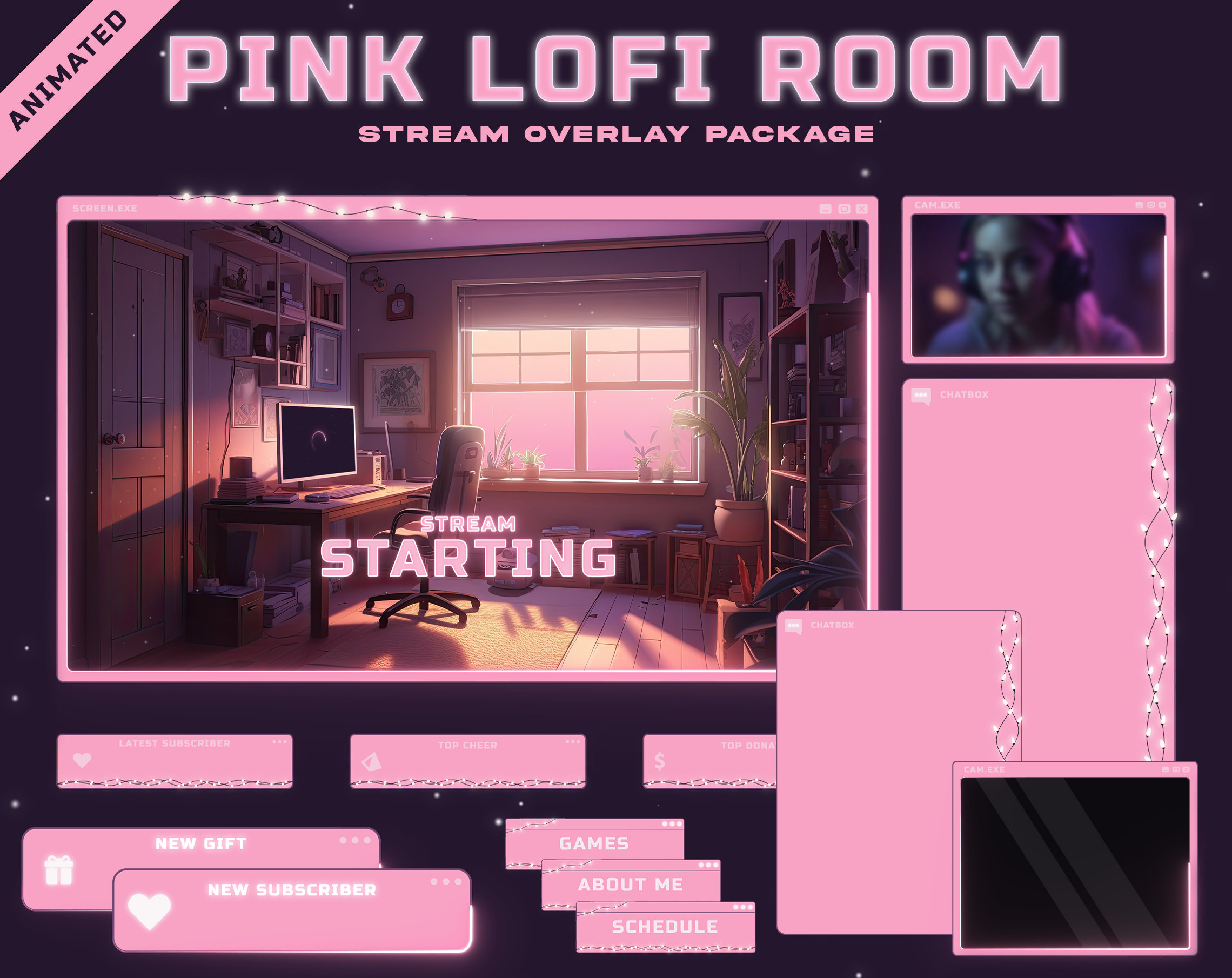 Twitch Overlay Package - Pink Lofi Room - Etsy