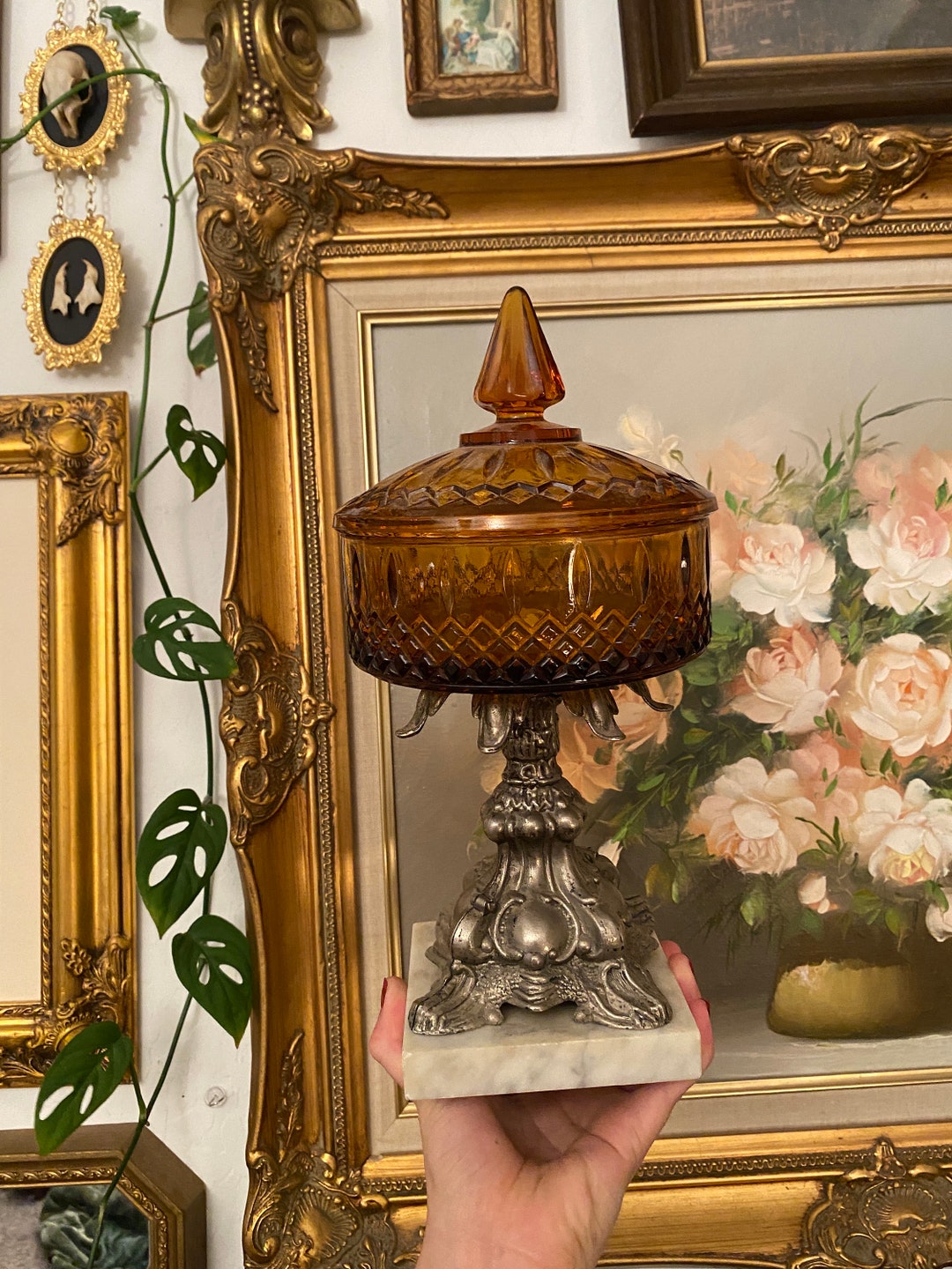 Amber Indiana Glass Compote on Ornate Pedestal - Etsy
